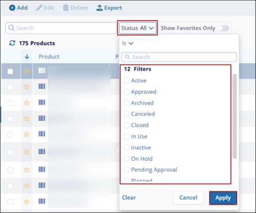 Customizing Products screen